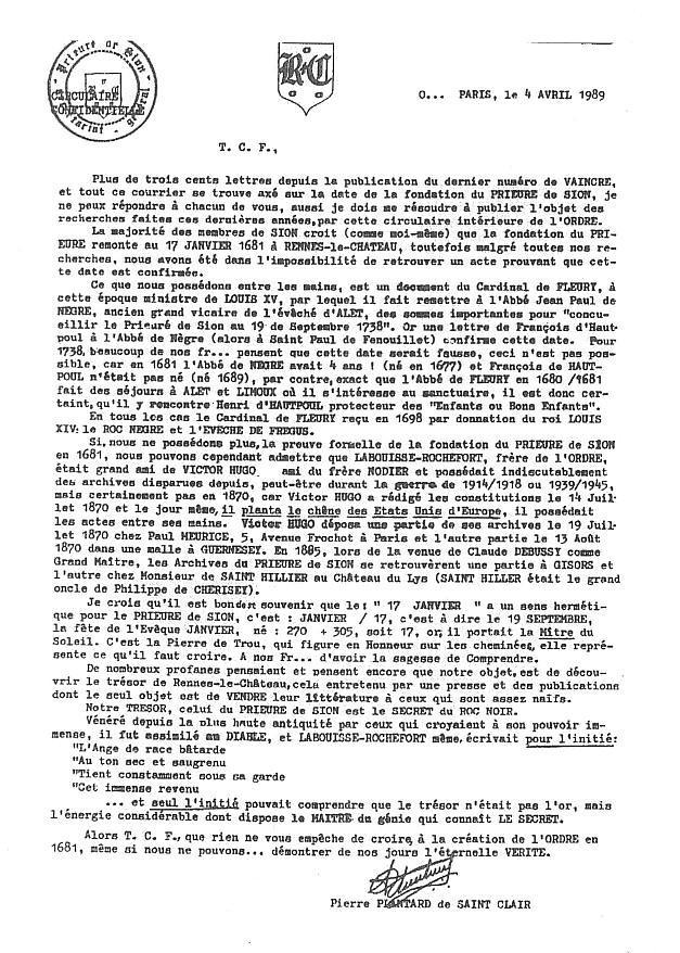 Pierre Plantard Letter, 4 April 1989
