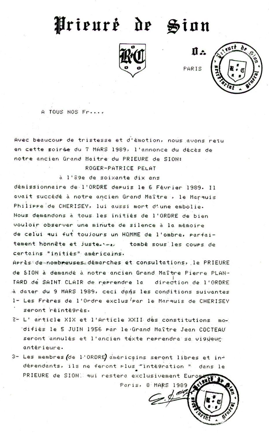 The Pierre Plantard Circular about Roger Patrice Pelat 1989